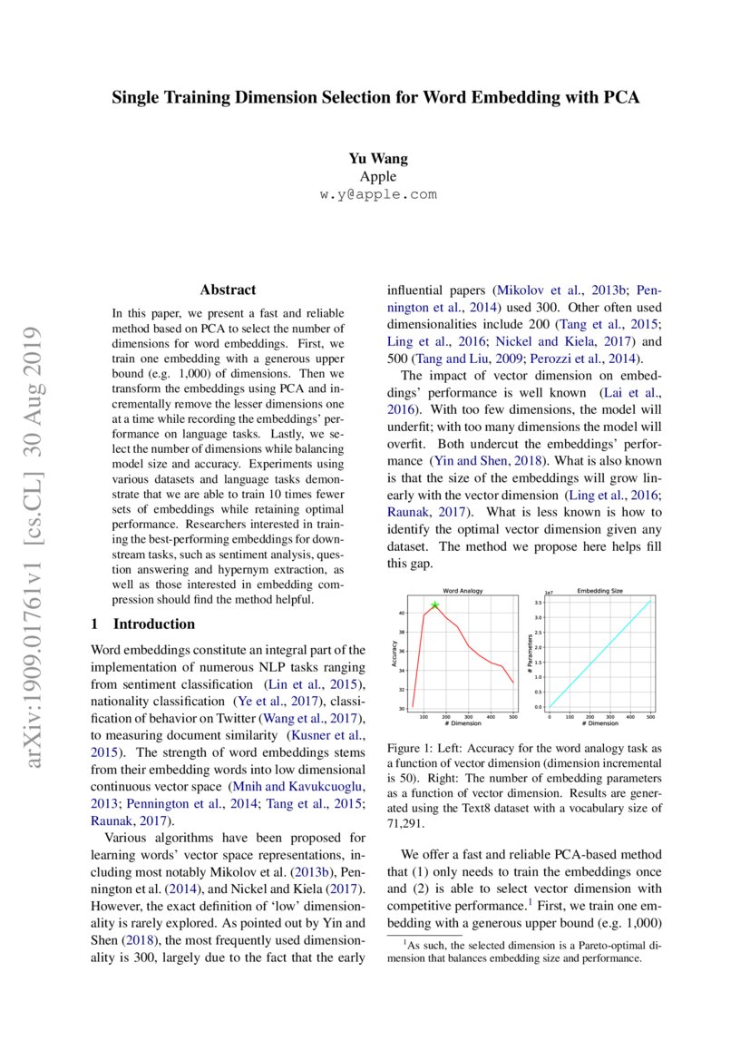 Single Training Dimension Selection for Word Embedding with PCA | DeepAI