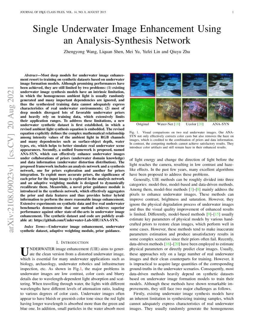 Single Underwater Image Enhancement Using an Analysis-Synthesis Network | DeepAI
