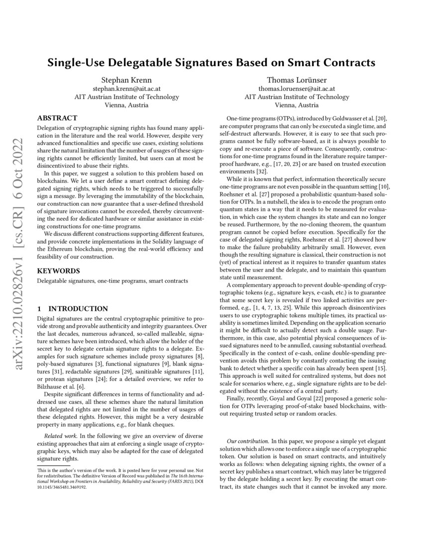 Single-Use Delegatable Signatures Based on Smart Contracts | DeepAI