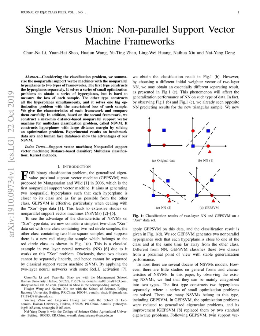 Single Versus Union: Non-parallel Support Vector Machine Frameworks | DeepAI