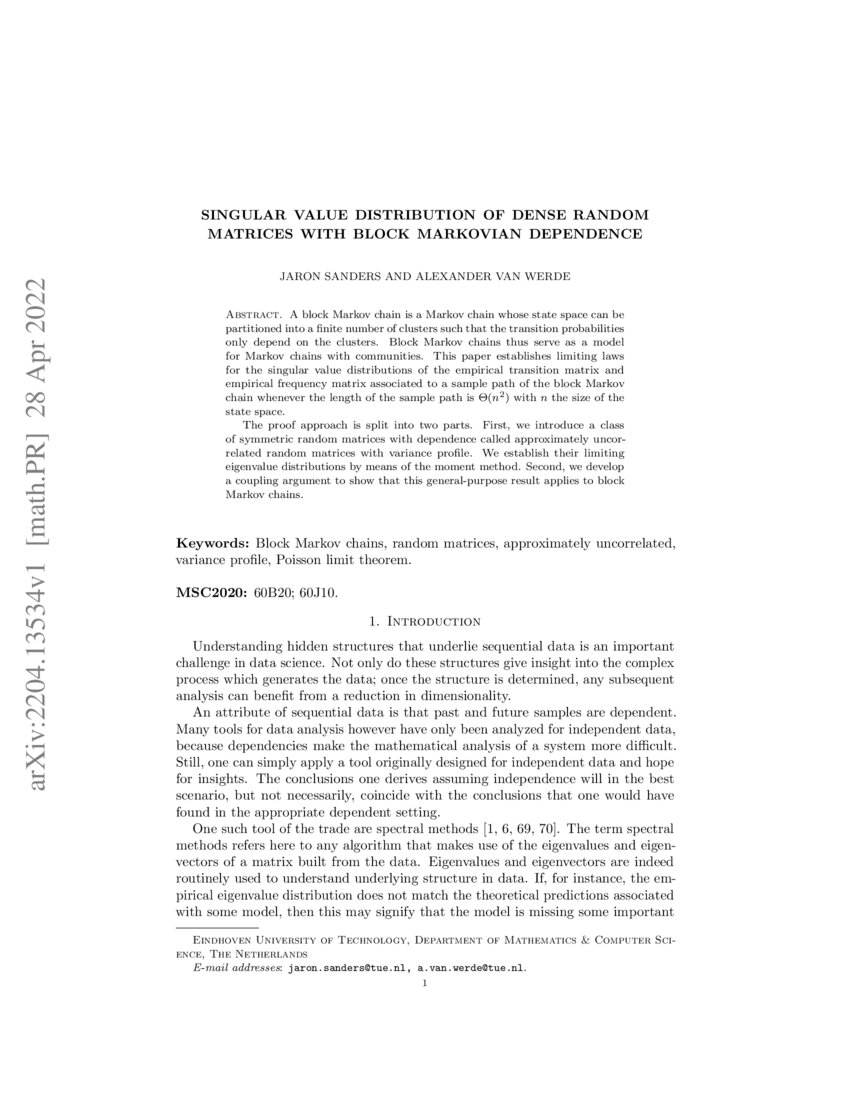 Singular value distribution of dense random matrices with block Markovian dependence | DeepAI