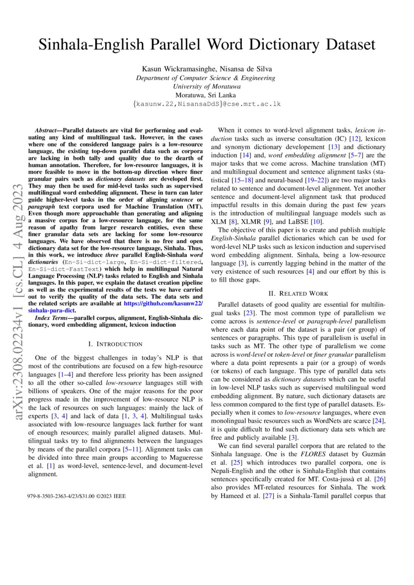 Sinhala-English Parallel Word Dictionary Dataset | DeepAI