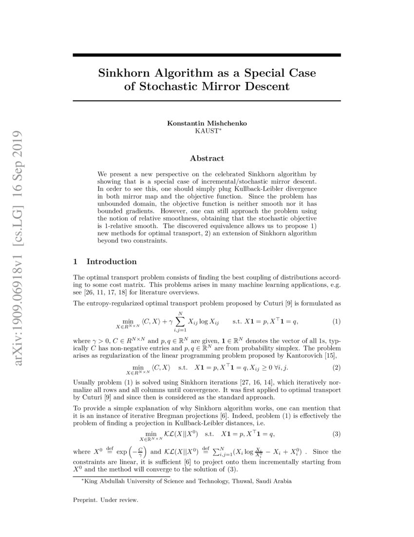 Sinkhorn Algorithm As A Special Case Of Stochastic Mirror Descent Deepai