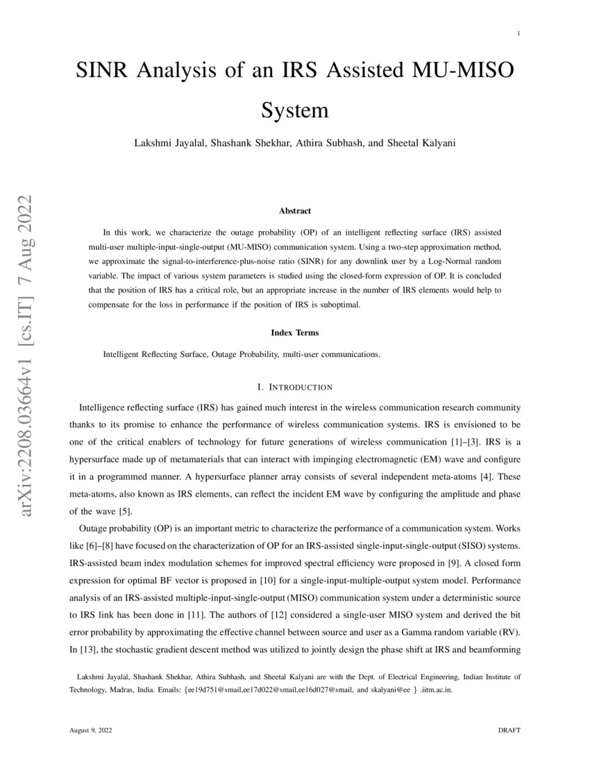 Sinr Analysis Of An Irs Assisted Mu Miso System Deepai