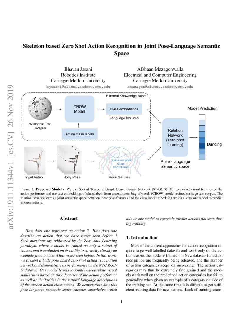 Skeleton based Zero Shot Action Recognition in Joint Pose-Language Semantic Space | DeepAI