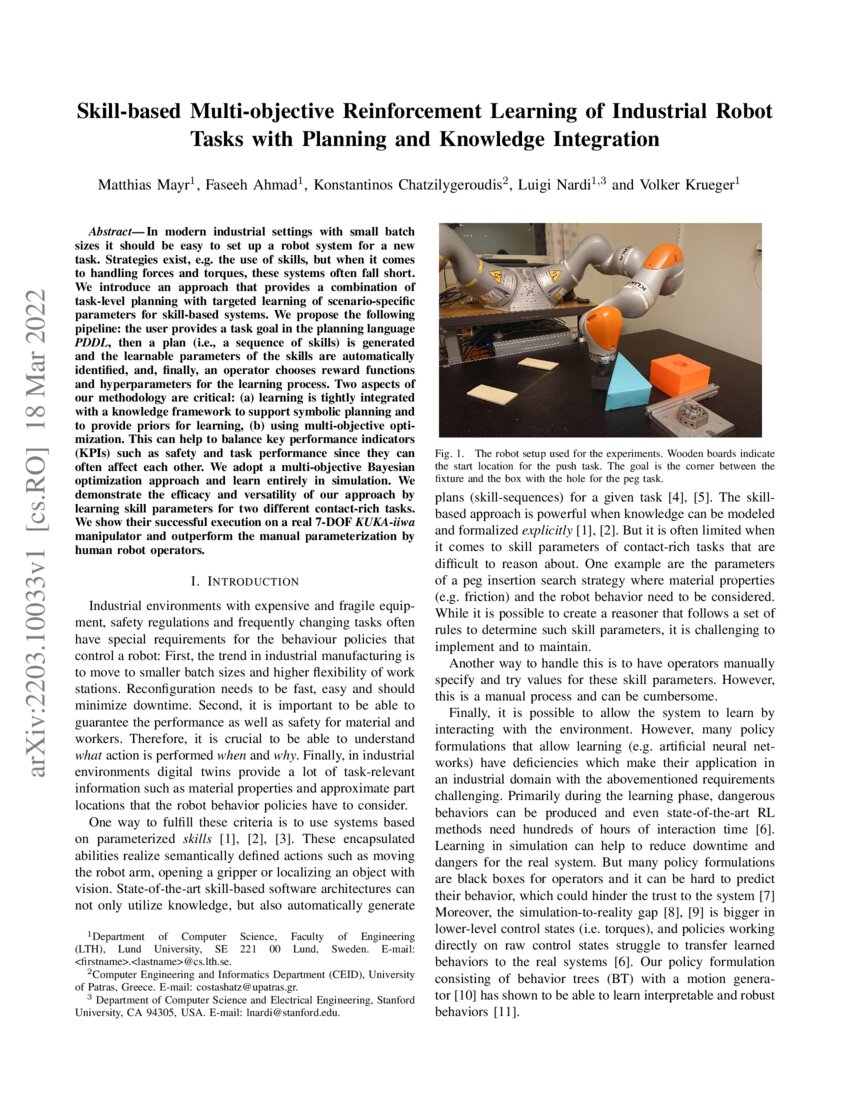Skill-based Multi-objective Reinforcement Learning of Industrial Robot Tasks with Planning and ...