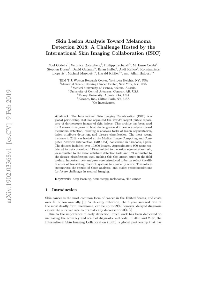 Skin Lesion Analysis Toward Melanoma Detection 2018: A Challenge Hosted ... Skin Lesion Analysis Toward Melanoma Detection 2018: A Challenge Hosted ...