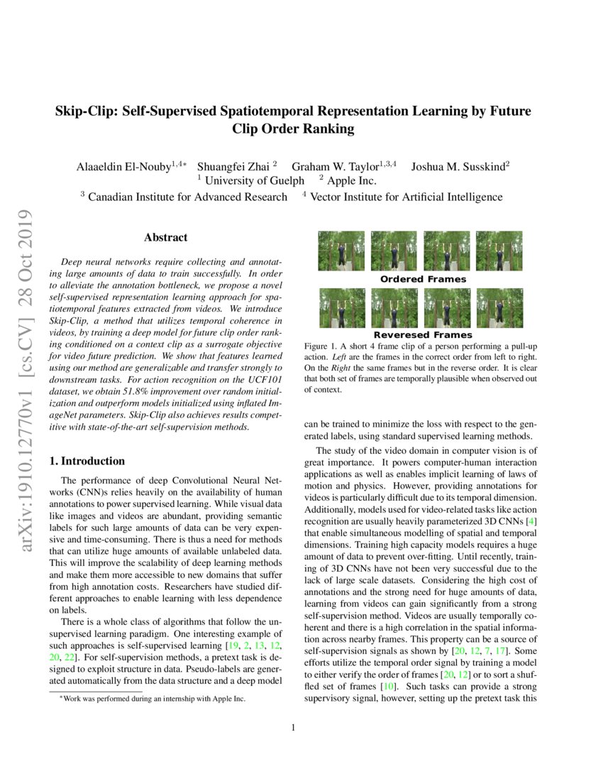 Skip-Clip: Self-Supervised Spatiotemporal Representation Learning by Future Clip Order Ranking ...