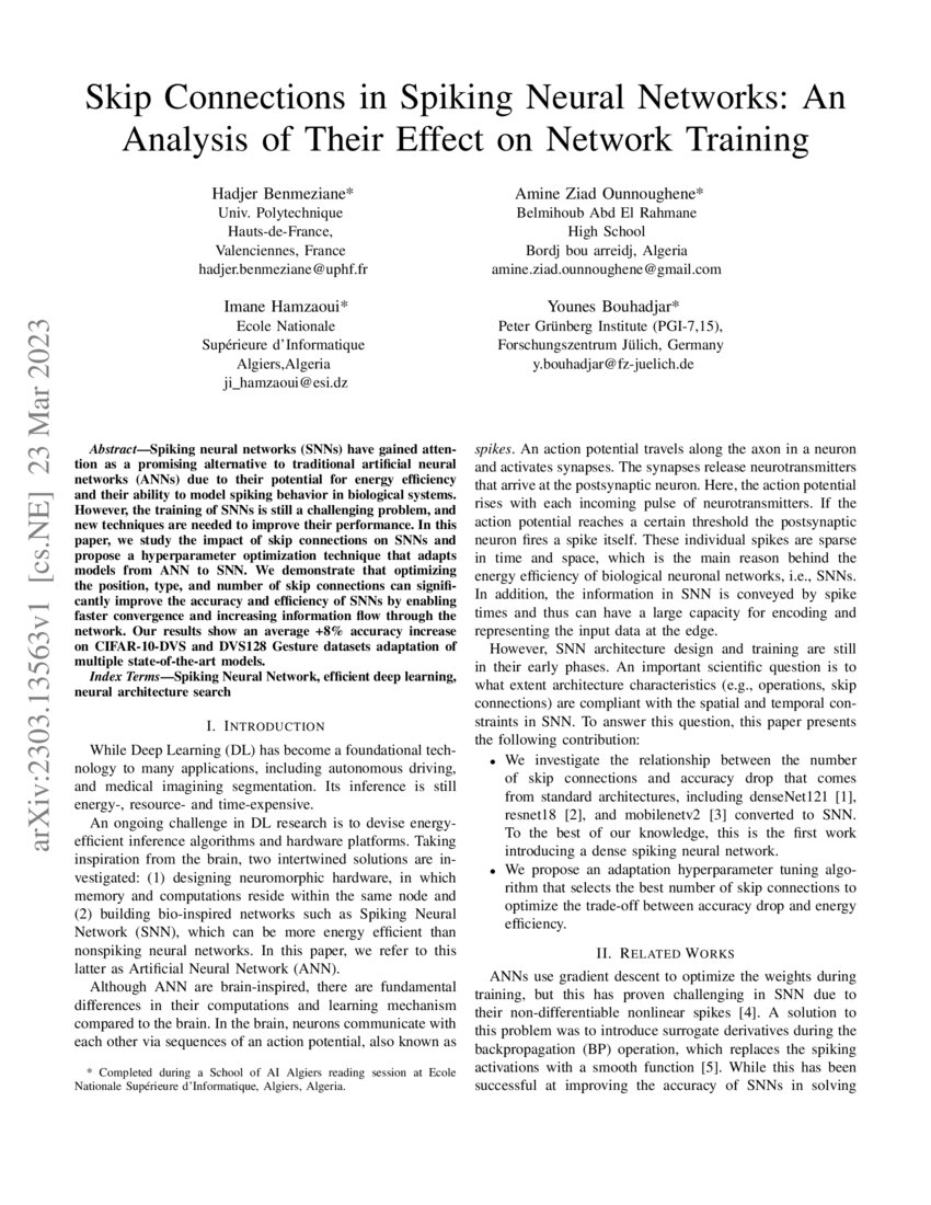 Skip Connections in Spiking Neural Networks: An Analysis of Their Effect on Network Training ...