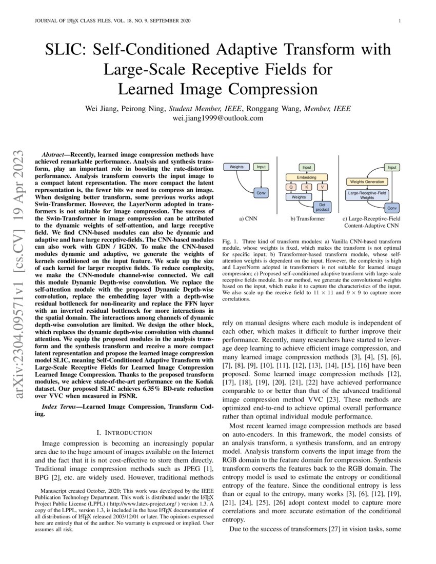 SLIC: Self-Conditioned Adaptive Transform with Large-Scale Receptive Fields for Learned Image ...