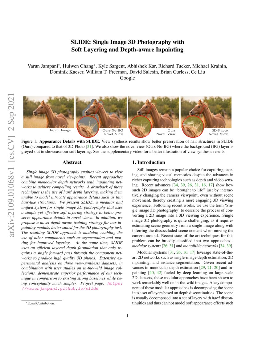 SLIDE: Single Image 3D Photography with Soft Layering and Depth-aware Inpainting | DeepAI