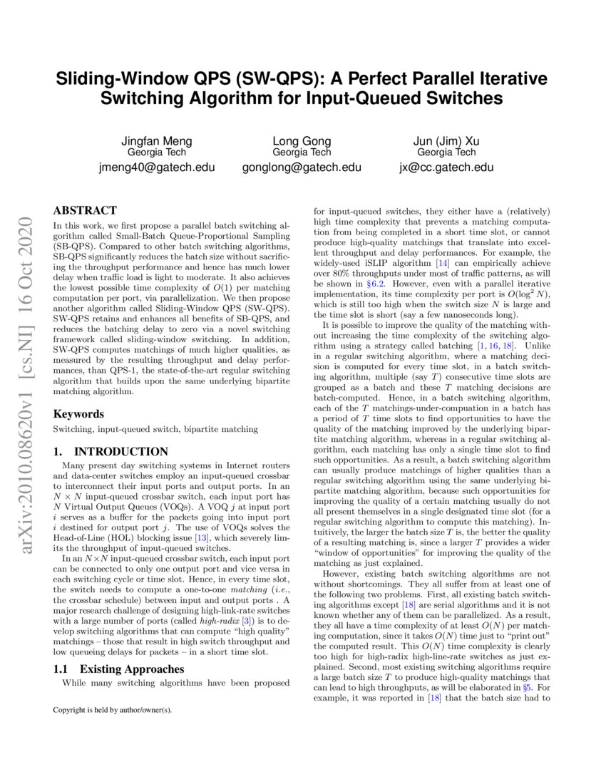 Sliding Window Qps Sw Qps A Perfect Parallel Iterative Switching Algorithm For Input Queued