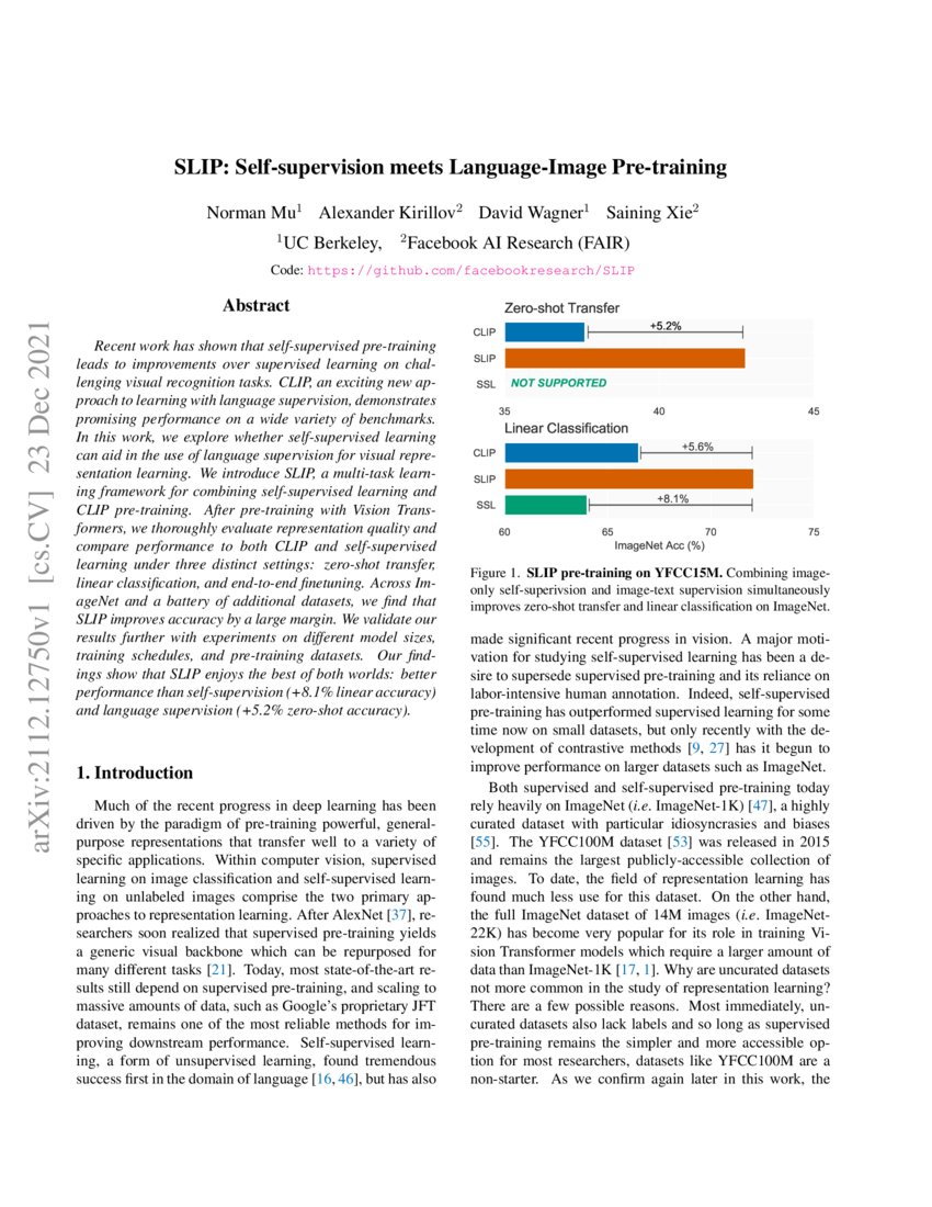 SLIP: Self-supervision meets Language-Image Pre-training | DeepAI