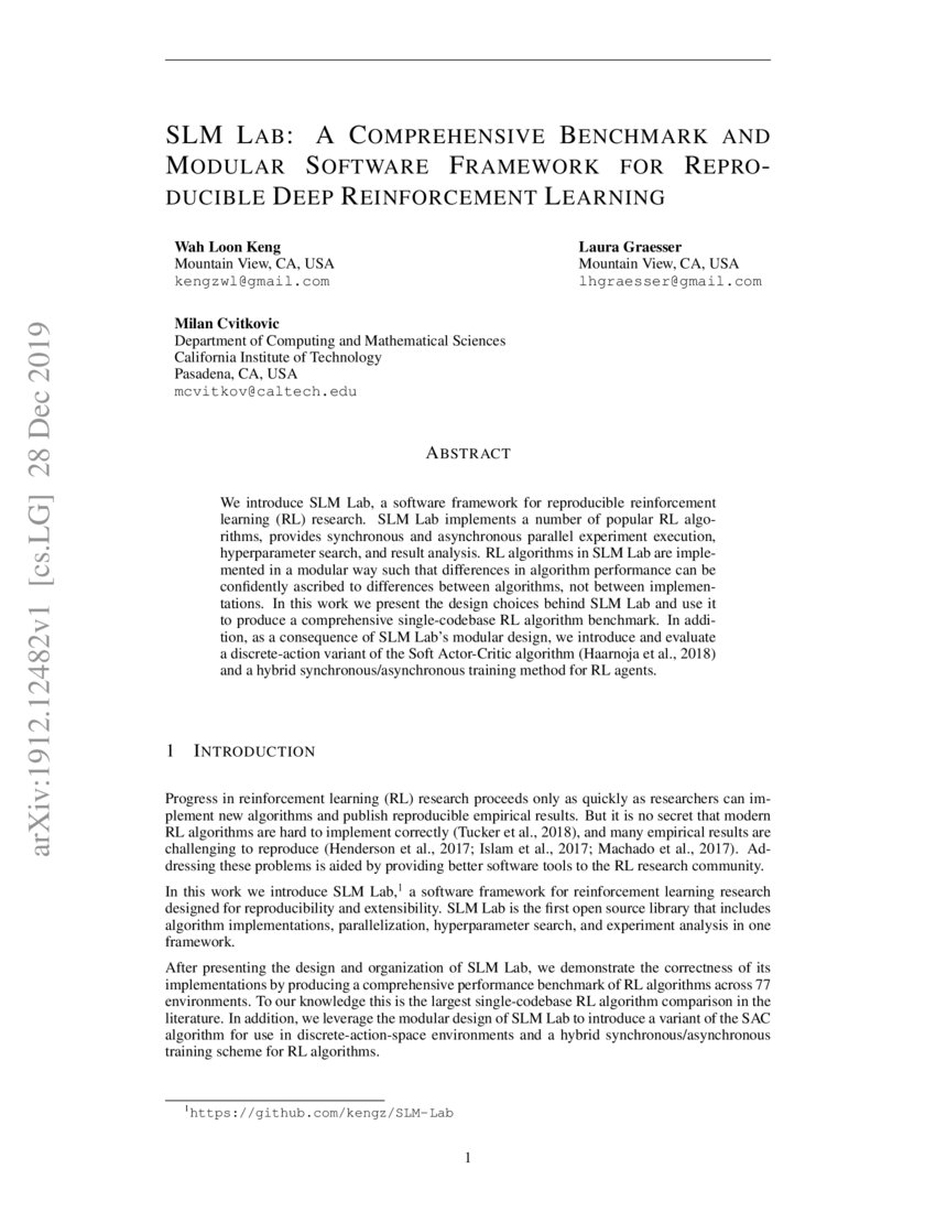 SLM Lab: A Comprehensive Benchmark and Modular Software Framework for Reproducible Deep ...