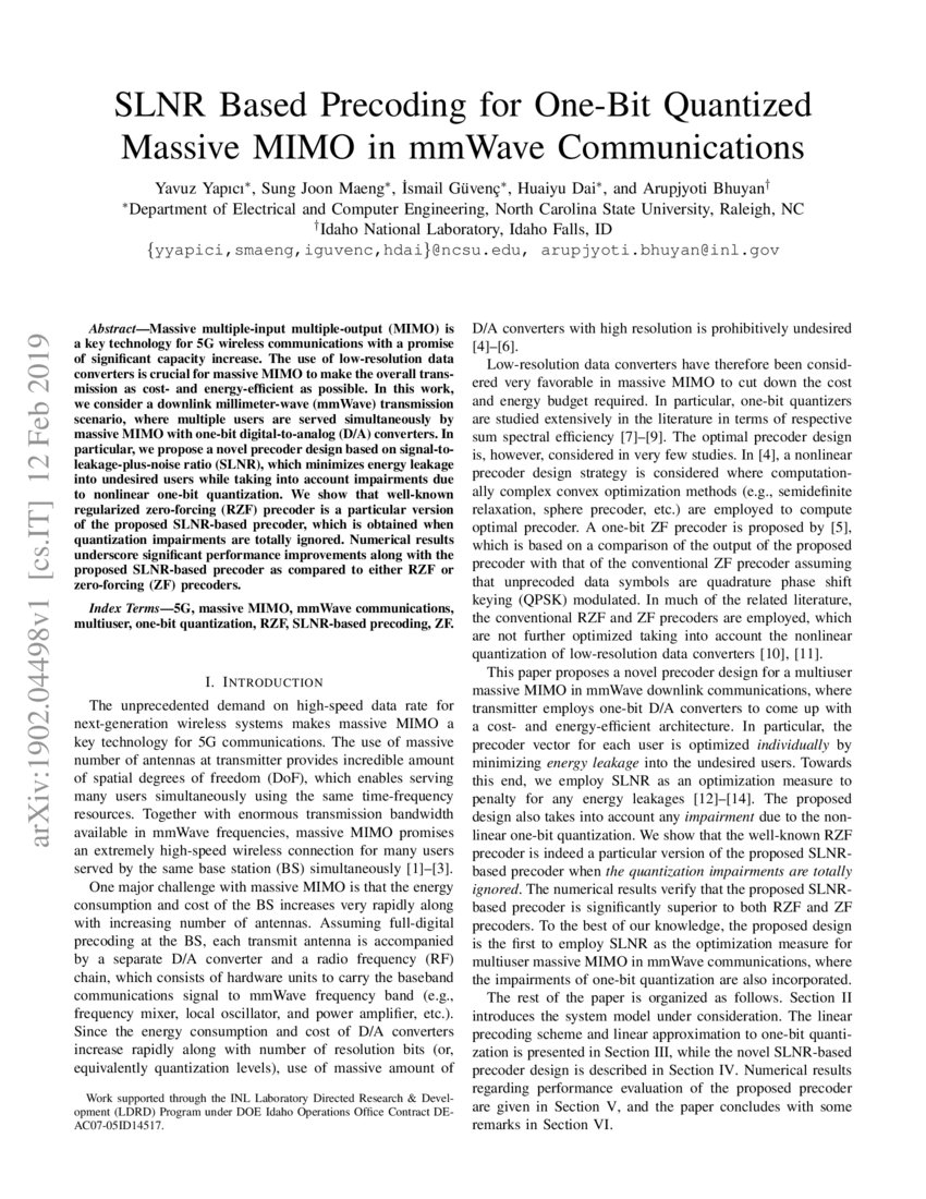 SLNR Based Precoding for One-Bit Quantized Massive MIMO in mmWave Communications | DeepAI