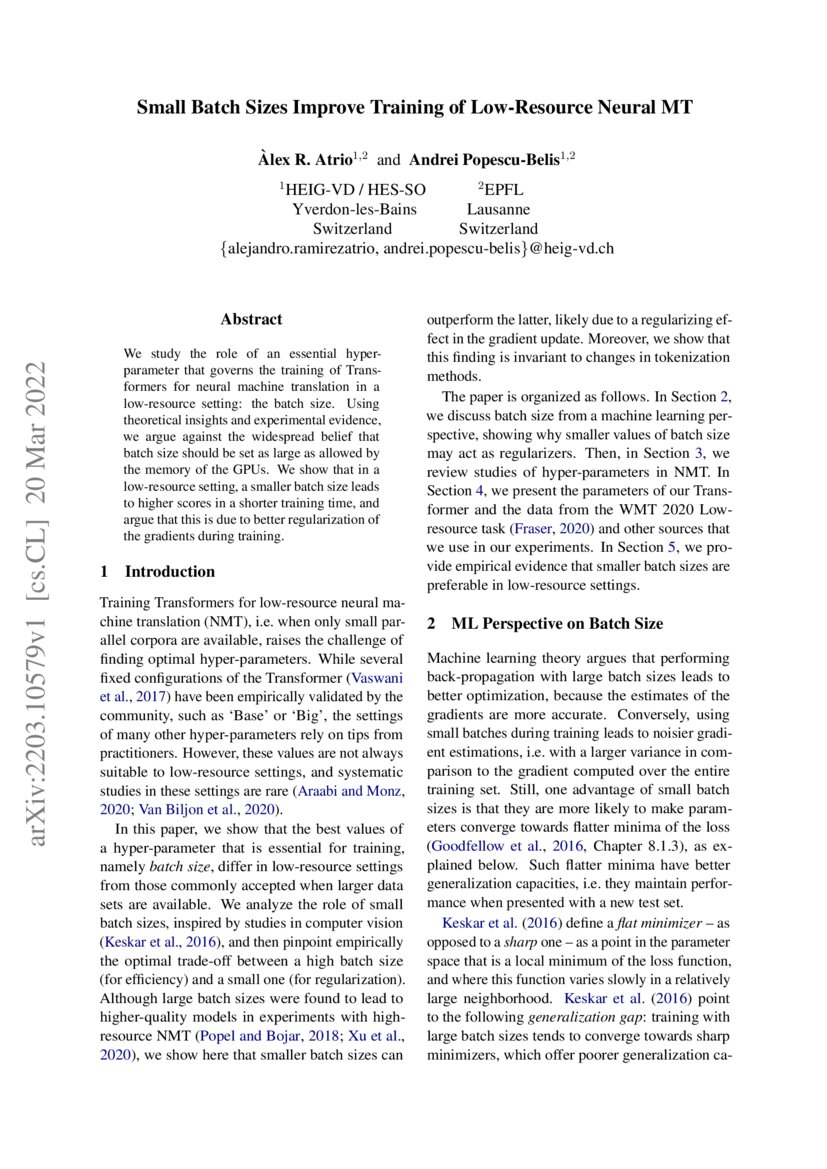 Small Batch Sizes Improve Training of Low-Resource Neural MT | DeepAI