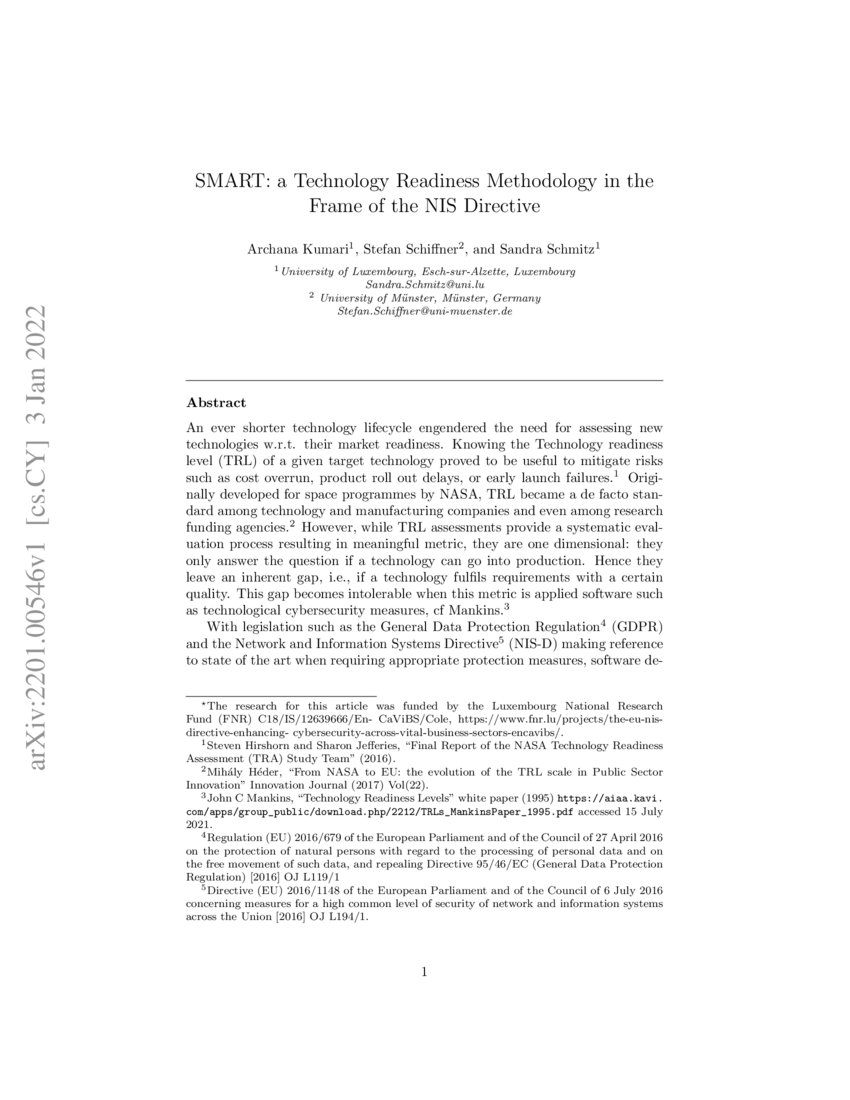SMART: a Technology Readiness Methodology in the Frame of the NIS ...