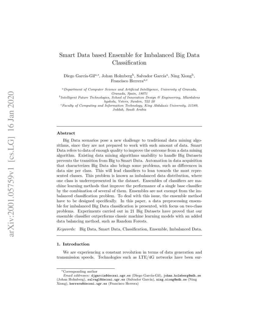 Smart Data based Ensemble for Imbalanced Big Data Classification | DeepAI