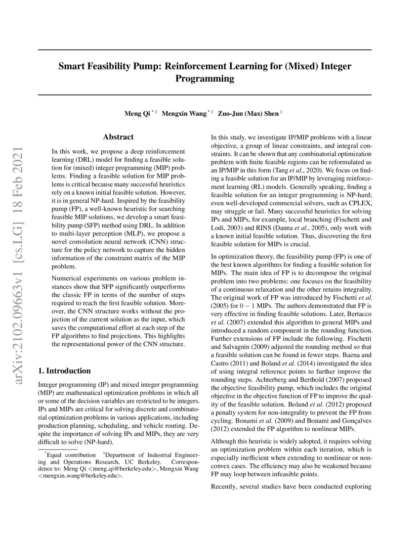 Smart Feasibility Pump Reinforcement Learning For Mixed Integer Programming Deepai