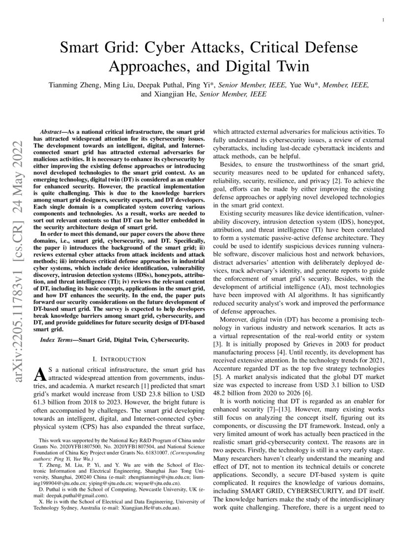 Smart Grid: Cyber Attacks, Critical Defense Approaches, and Digital ...