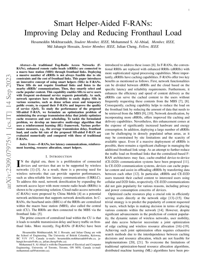 Smart Helper-Aided F-RANs: Improving Delay and Reducing Fronthaul Load ...