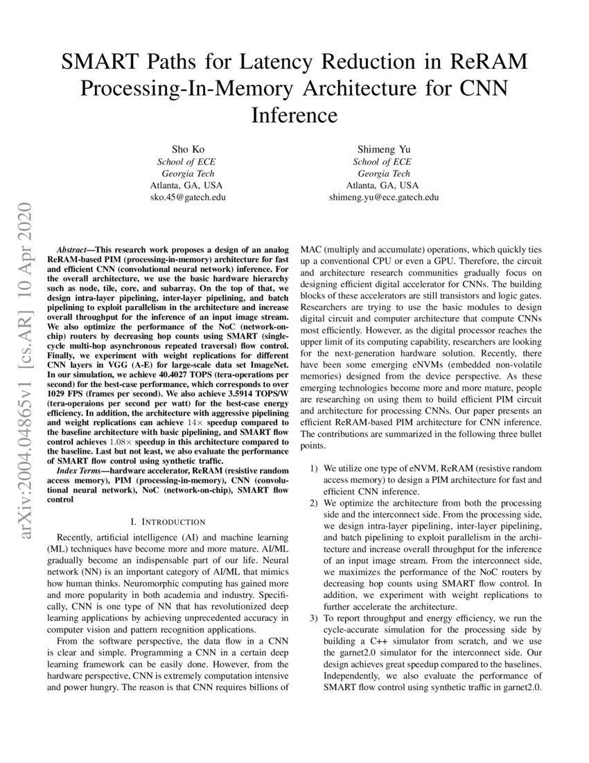 Smart Paths For Latency Reduction In Reram Processing In Memory Architecture For Cnn Inference 1306