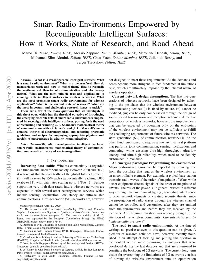 Smart Radio Environments Empowered by Reconfigurable Intelligent ...