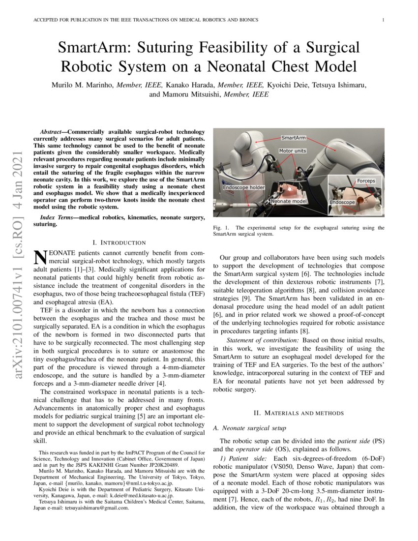 SmartArm: Suturing Feasibility of a Surgical Robotic System on a Neonatal Chest Model | DeepAI