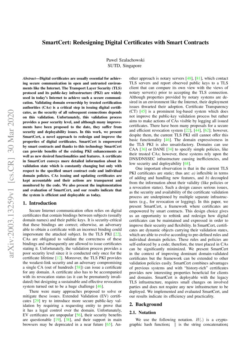 SmartCert: Redesigning Digital Certificates with Smart Contracts | DeepAI