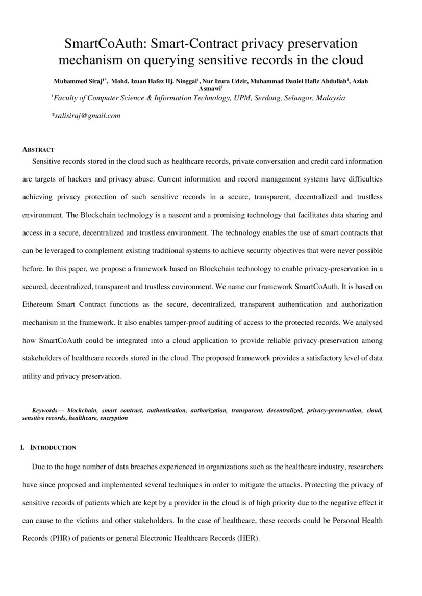 SmartCoAuth: Smart-Contract privacy preservation mechanism on querying ...