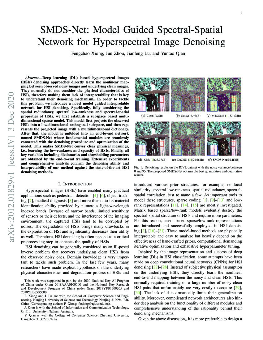 SMDS-Net: Model Guided Spectral-Spatial Network for Hyperspectral Image Denoising | DeepAI