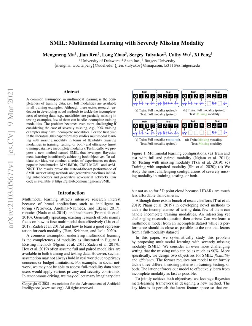 SMIL: Multimodal Learning with Severely Missing Modality | DeepAI