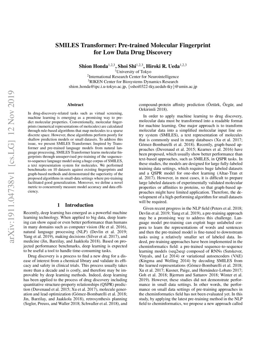 Smiles Transformer Pre Trained Molecular Fingerprint For Low Data Drug Discovery Deepai