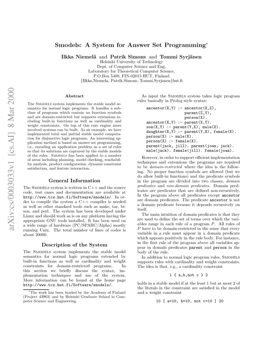 Smodels: A System for Answer Set Programming | DeepAI
