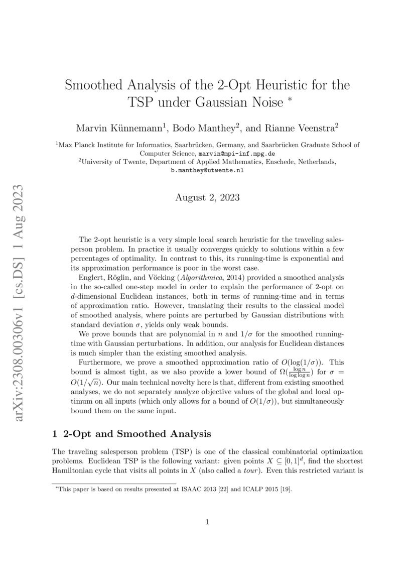 Smoothed Analysis Of The 2 Opt Heuristic For The Tsp Under Gaussian Noise Deepai