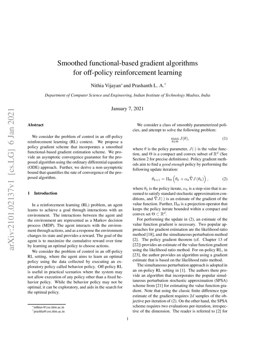 Smoothed Functional Based Gradient Algorithms For Off Policy Reinforcement Learning Deepai 