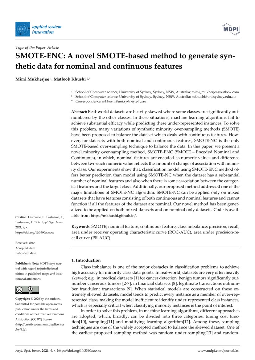 SMOTE-ENC: A novel SMOTE-based method to generate synthetic data for ...