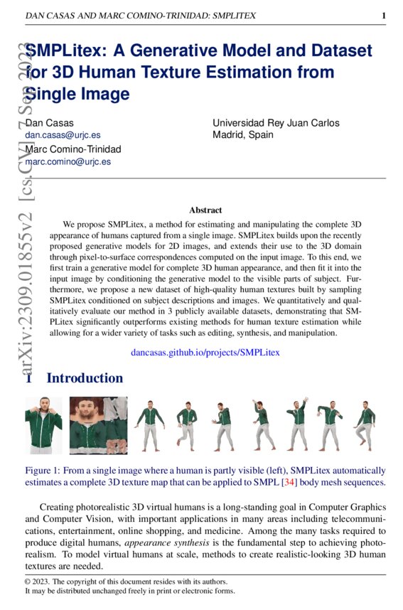 SMPLitex: A Generative Model and Dataset for 3D Human Texture Estimation from Single Image | DeepAI