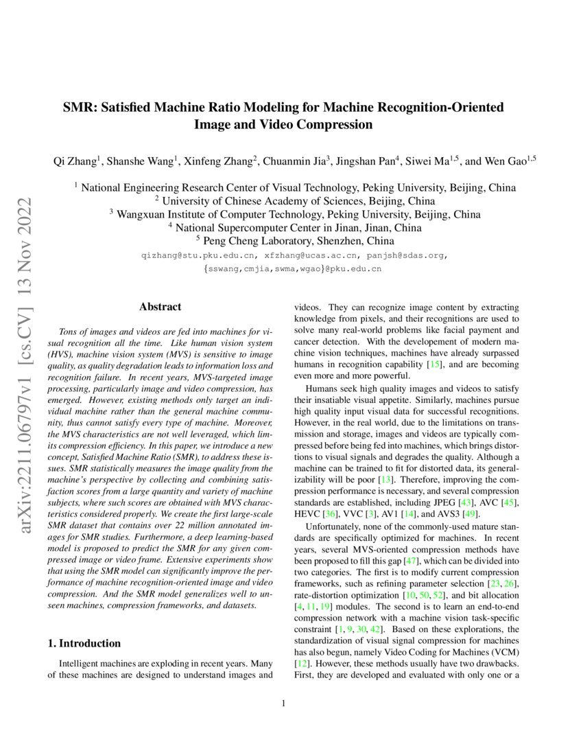 SMR: Satisfied Machine Ratio Modeling for Machine Recognition-Oriented Image and Video ...