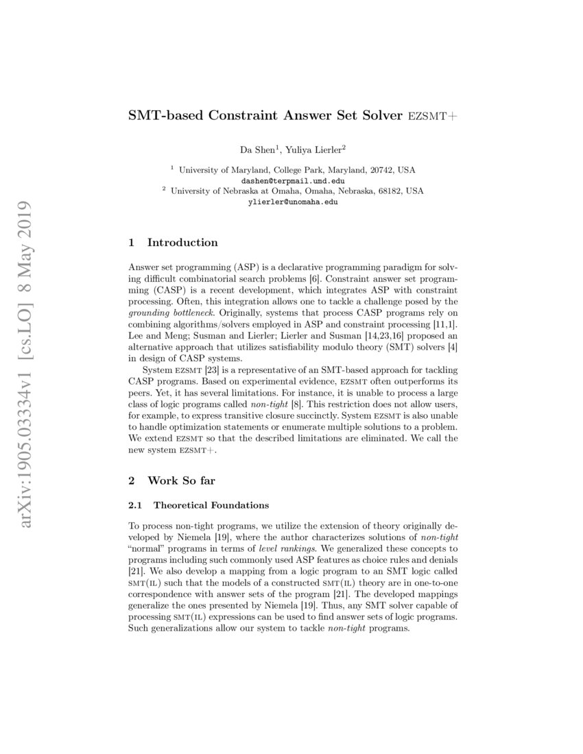 SMT-based Constraint Answer Set Solver EZSMT+ | DeepAI