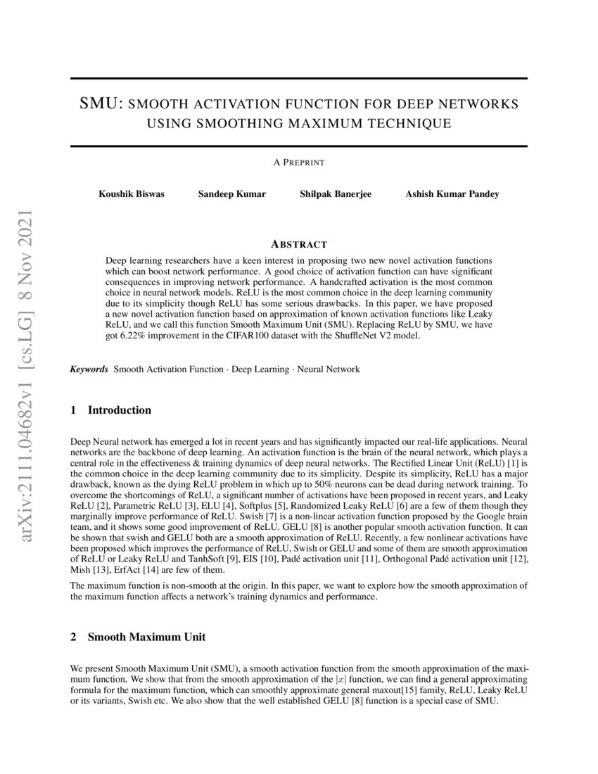 SMU: smooth activation function for deep networks using smoothing maximum technique | DeepAI