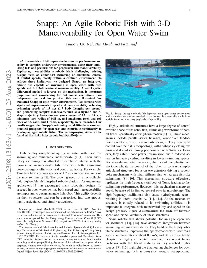 Snapp: An Agile Robotic Fish with 3-D Maneuverability for Open Water ...