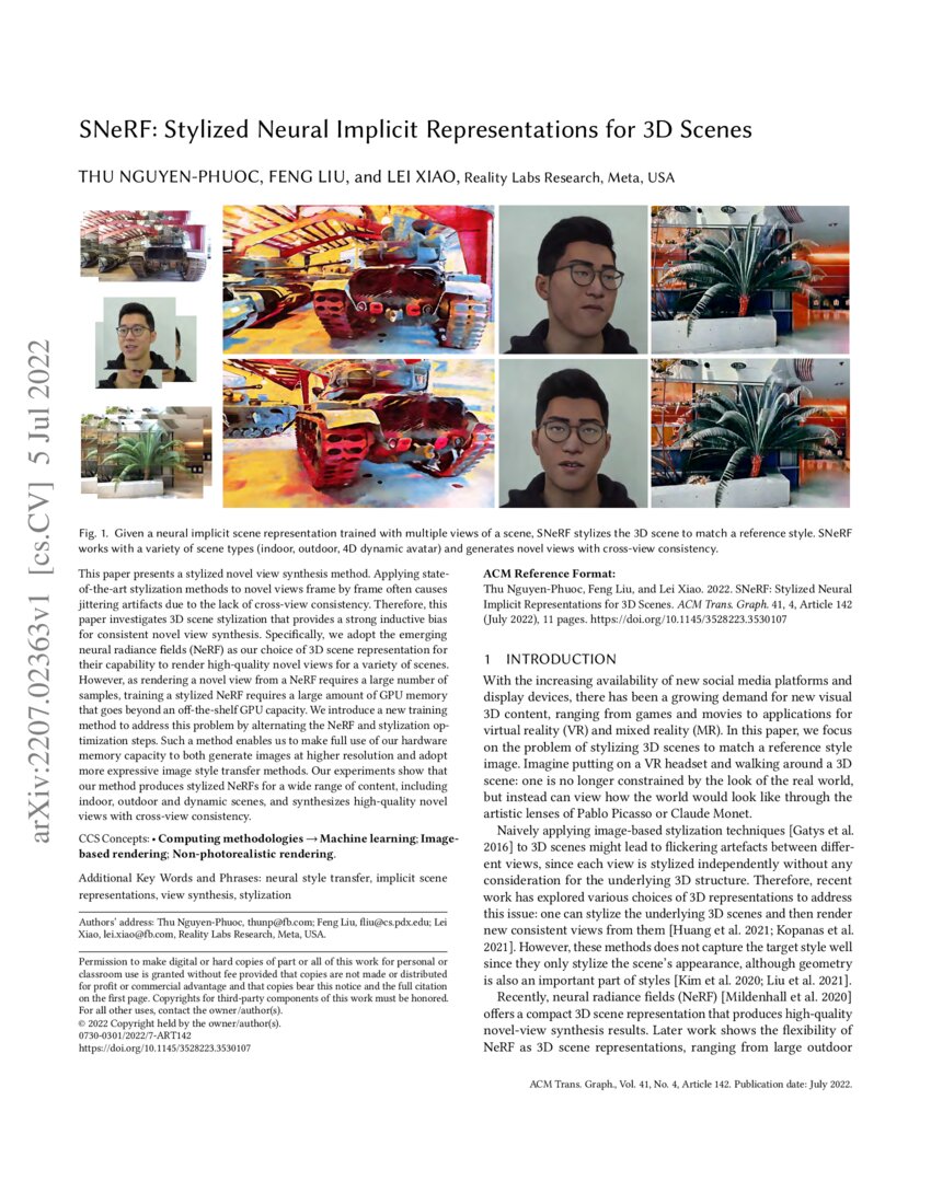 SNeRF: Stylized Neural Implicit Representations for 3D Scenes | DeepAI