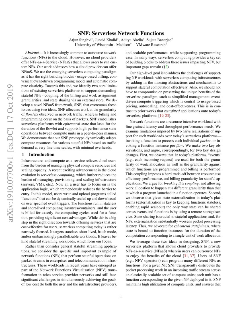 SNF: Serverless Network Functions | DeepAI