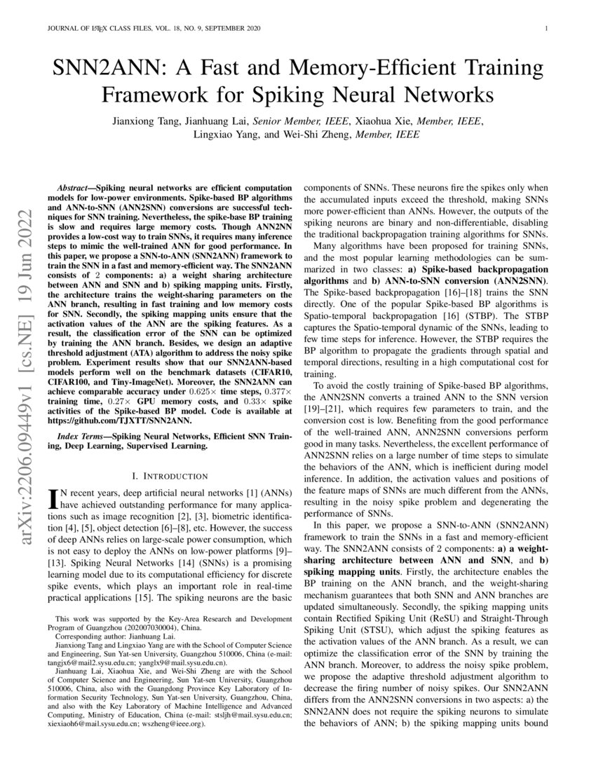 SNN2ANN: A Fast and Memory-Efficient Training Framework for Spiking Neural Networks | DeepAI