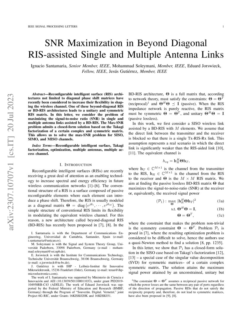 Snr Maximization In Beyond Diagonal Ris Assisted Single And Multiple Antenna Links Deepai