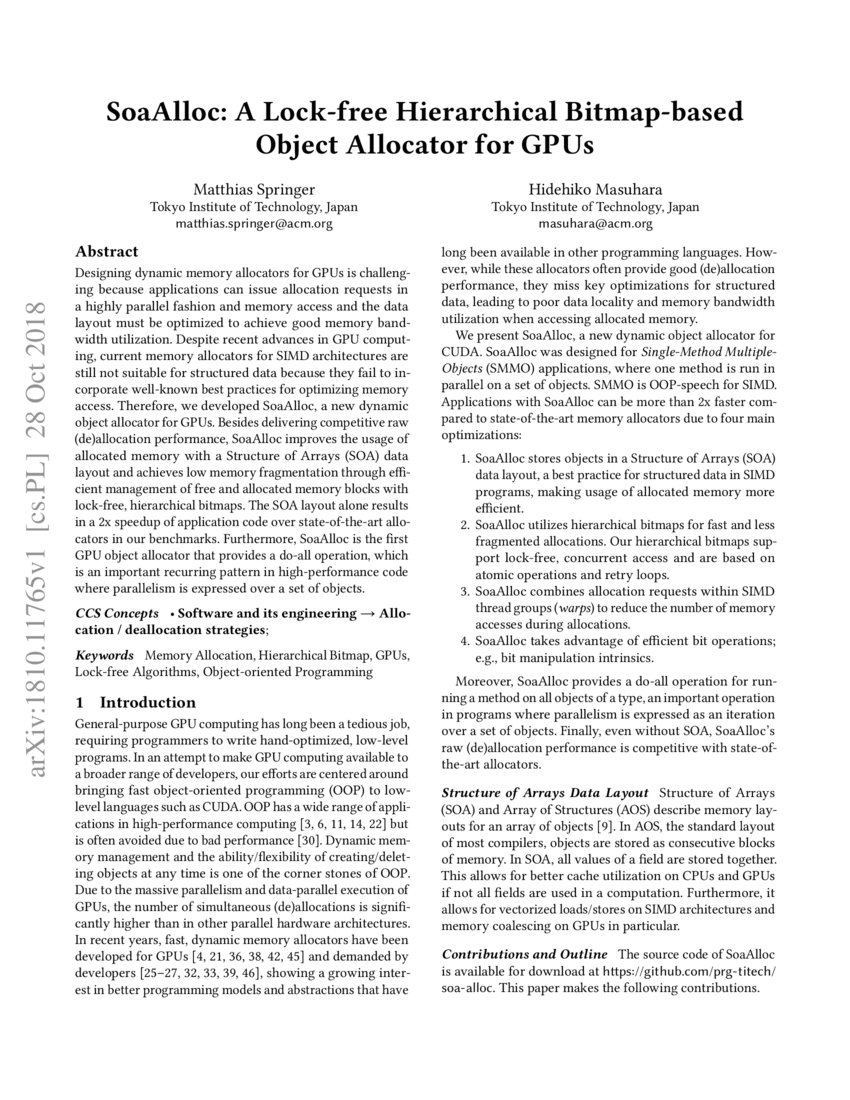 Soaalloc A Lock Free Hierarchical Bitmap Based Object Allocator For Gpus Deepai