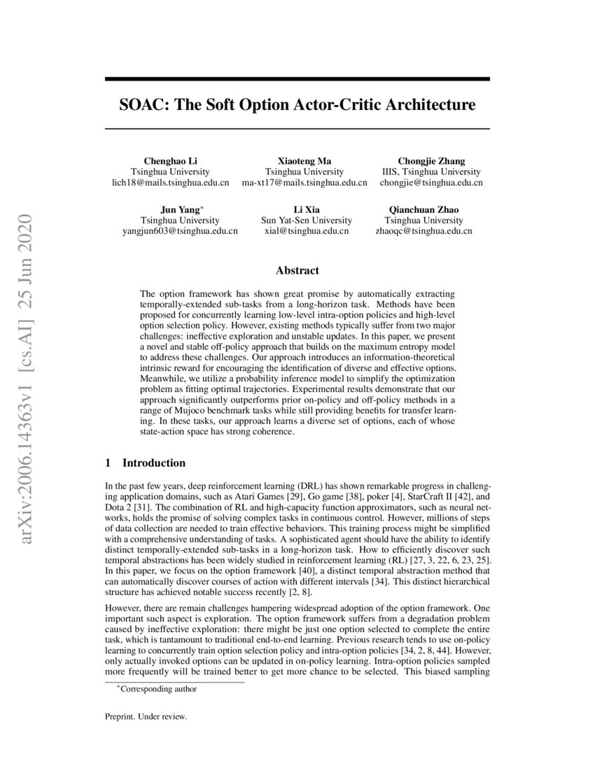 SOAC: The Soft Option Actor-Critic Architecture | DeepAI