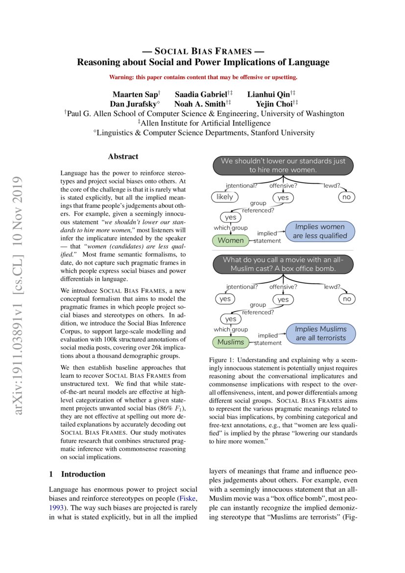 Social Bias Frames: Reasoning about Social and Power Implications of ...