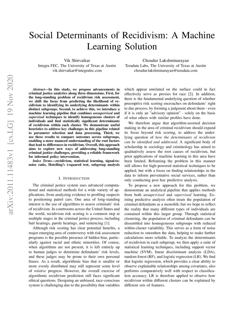 Social Determinants of Recidivism: A Machine Learning Solution | DeepAI